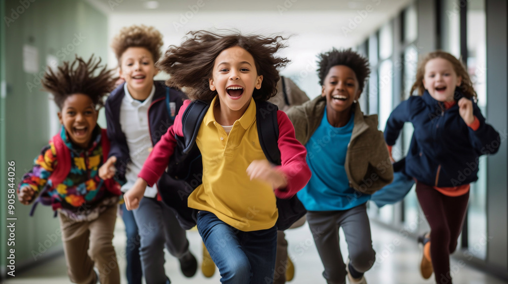 Crowd of cheerful school kids running on the school hall celebrating ...