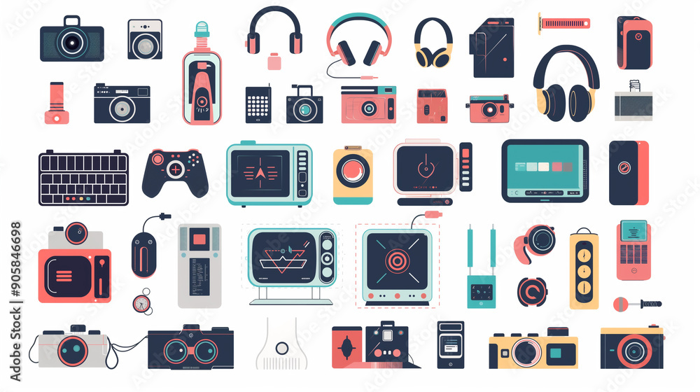 Retro Tech Icons: A vibrant collection of 30 retro tech icons, perfect ...