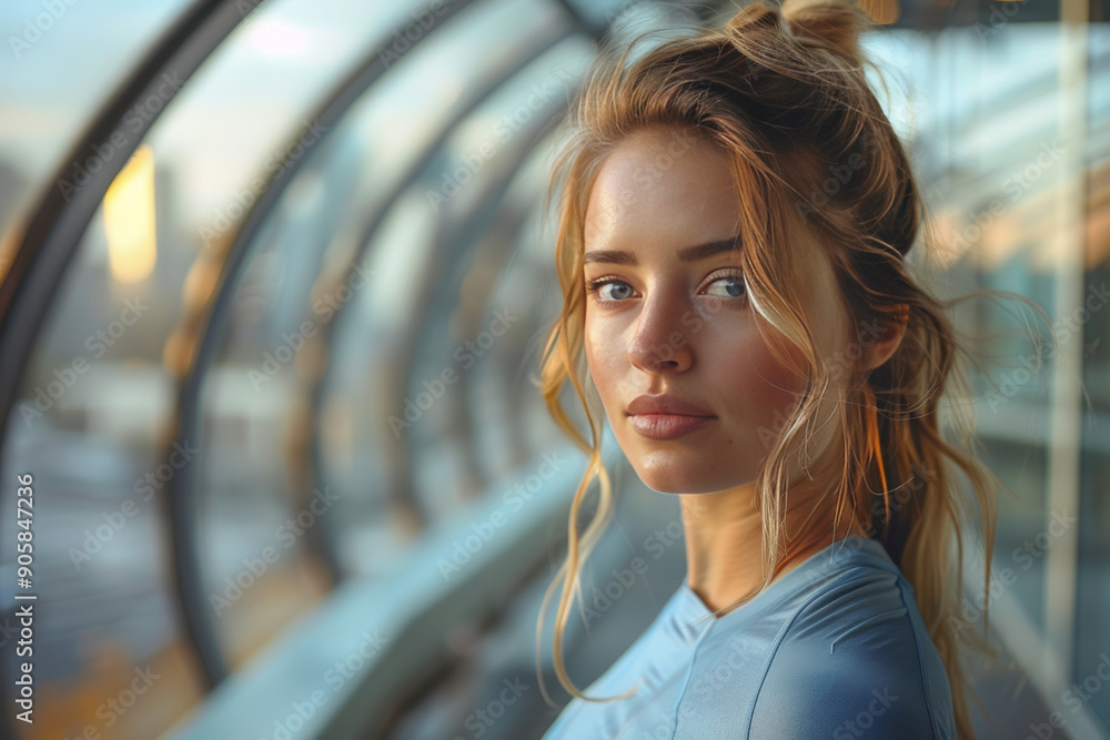 portrait of a fat woman doing fitness. Location: modern design, city ...