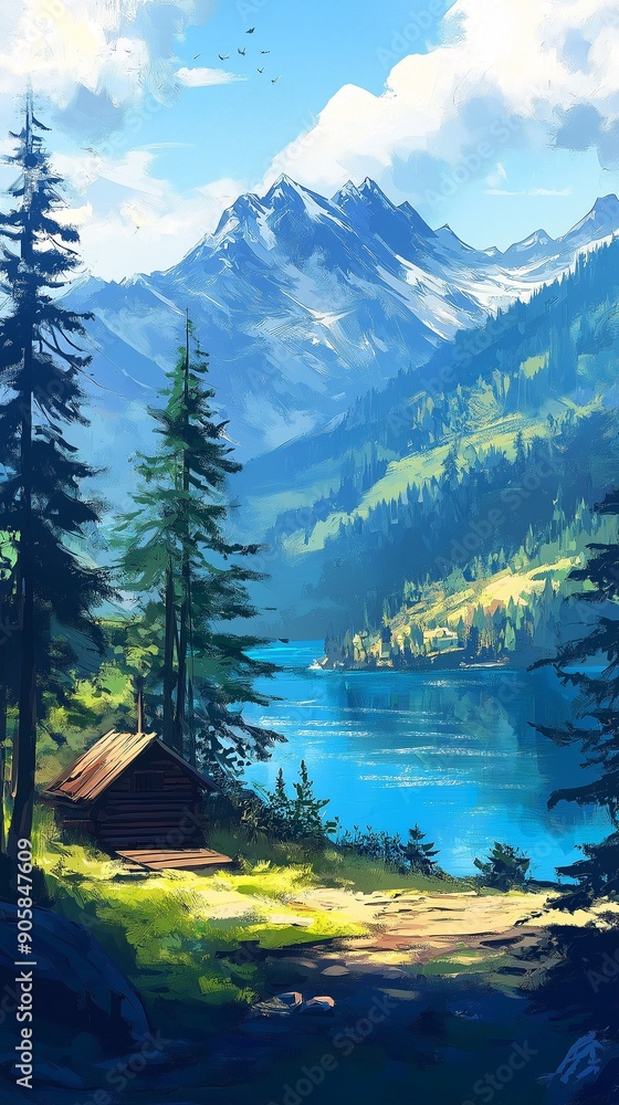 Anime-inspired brush drawing of mountains and trees with a wooden cabin ...