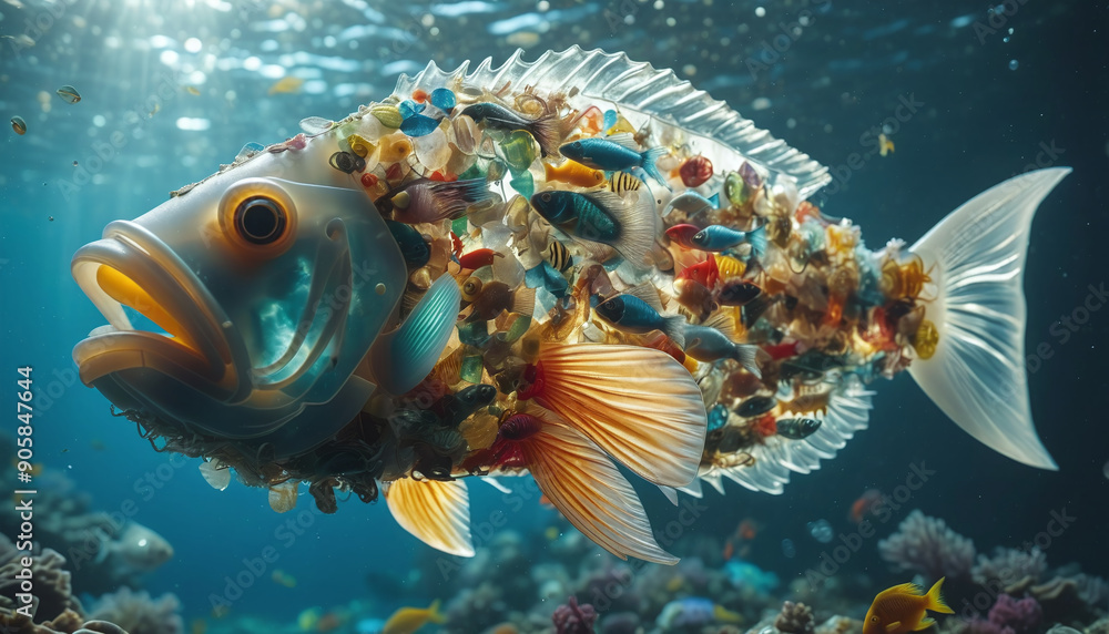 illustrative representation of a food fish made entirely of plastic ...