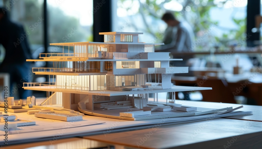 Architects designing construction project with blueprint and 3d model ...