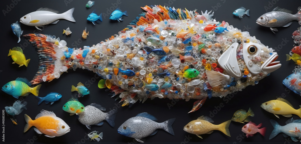 illustrative representation of a food fish made entirely of plastic ...