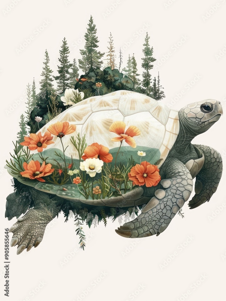Whimsical Turtle Sanctuary Floating in a Miniature Floral Landscape of ...