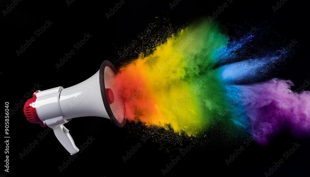 rainbow megaphone with dust cloud explode from it on black background ...