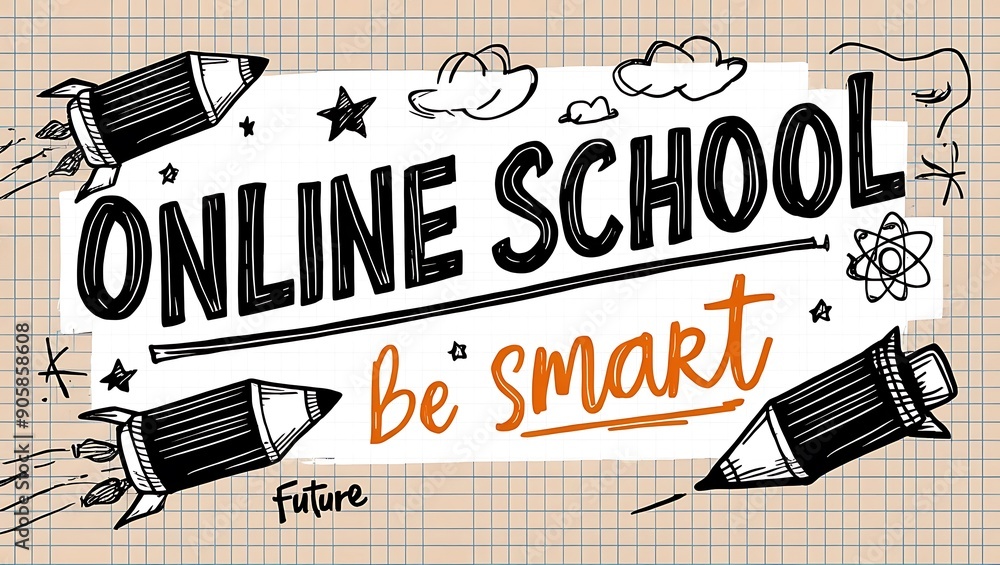 Stylized and playful banner for an online school. The layout features a ...