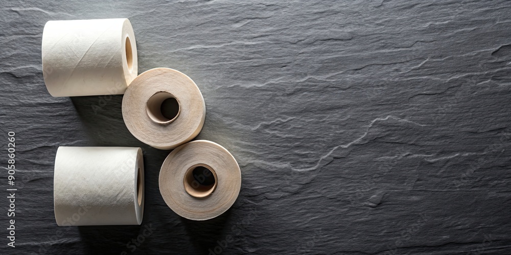 Rolls of paper tape for cash register on slate stone, top view, paper ...