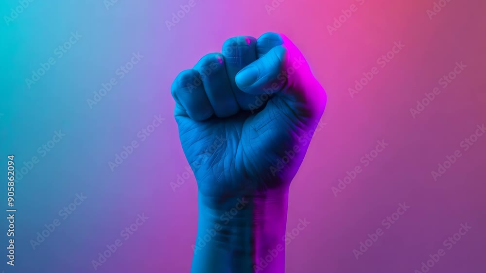Raised blue fist on gradient background, symbol of strength, unity and ...