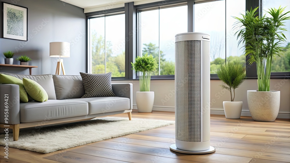 Close-up of an air purifier tower in a modern living room, clean ...