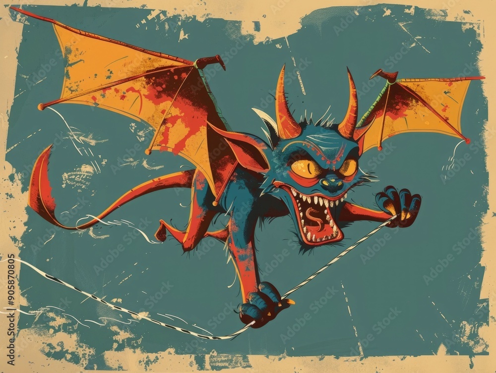 Fierce red winged kite flying demon creature in a vintage comic book ...