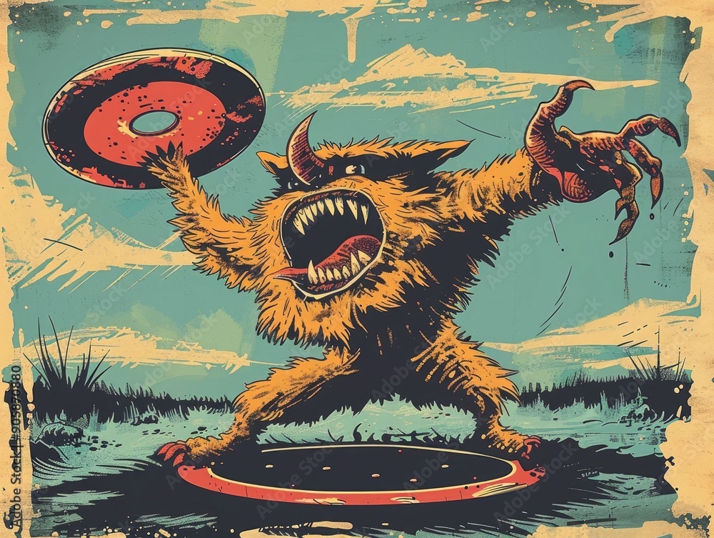 Whimsical cartoon depiction of a fantastical monster creature engaged ...