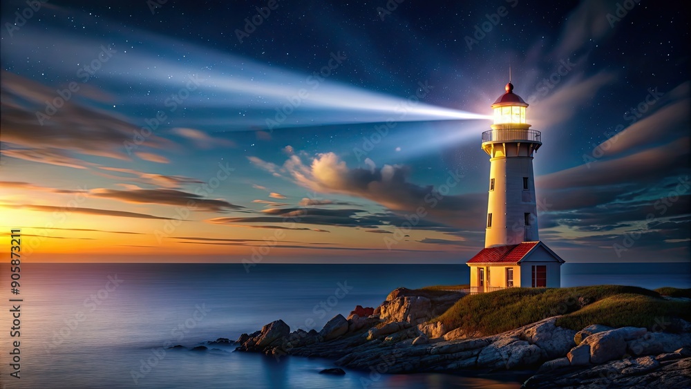 Seaside lighthouse casting a beam of light into the night sky, seaside ...