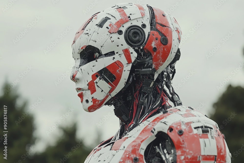 Side profile of a futuristic robotic warrior with red and silver armor ...