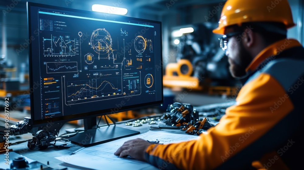 An office setting with a large monitor displaying a road construction ...