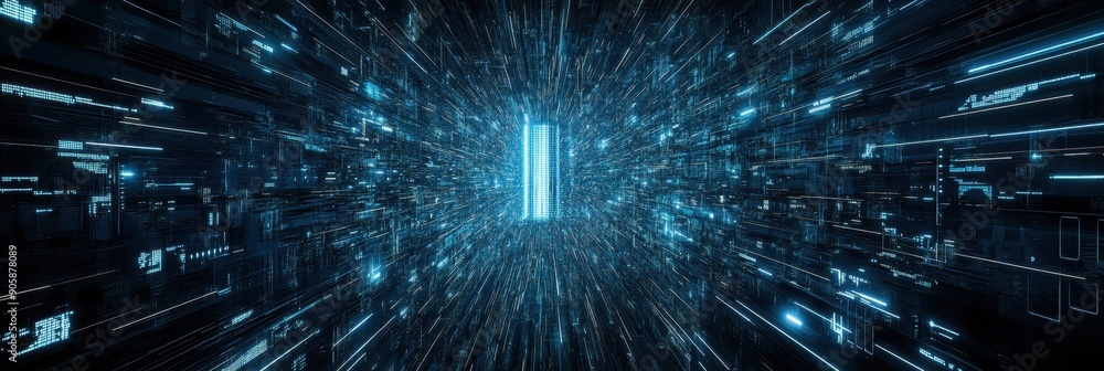 Futuristic digital matrix with glowing binary code and high-speed data ...