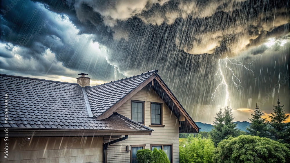 Heavy rain storm hitting the roof of a house, storm, rain, roof, house ...