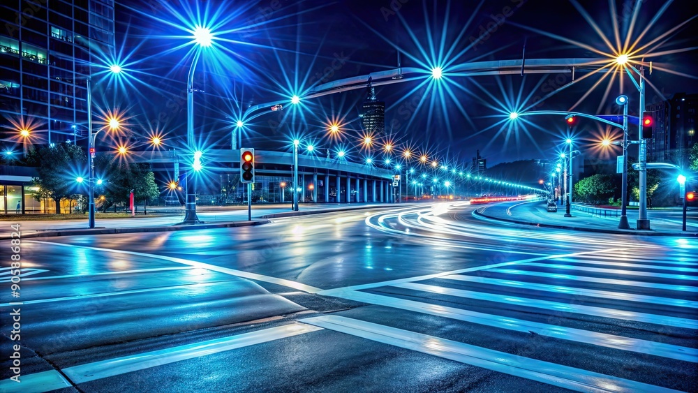 Intersection at night with blue lights, night, crossroad, police ...