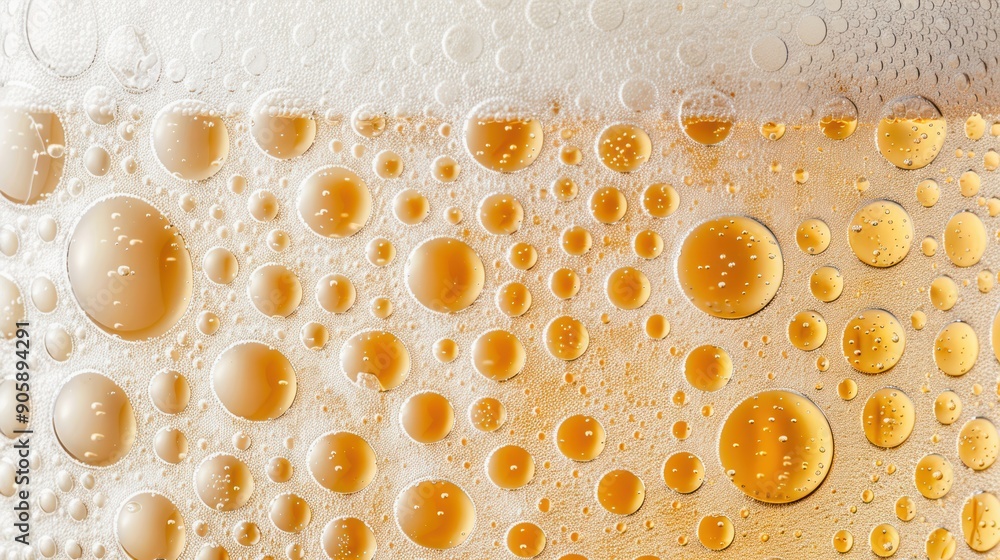 Chilled beer with a foamy top and effervescent bubbles, highlighted in a close-up view, perfect ...