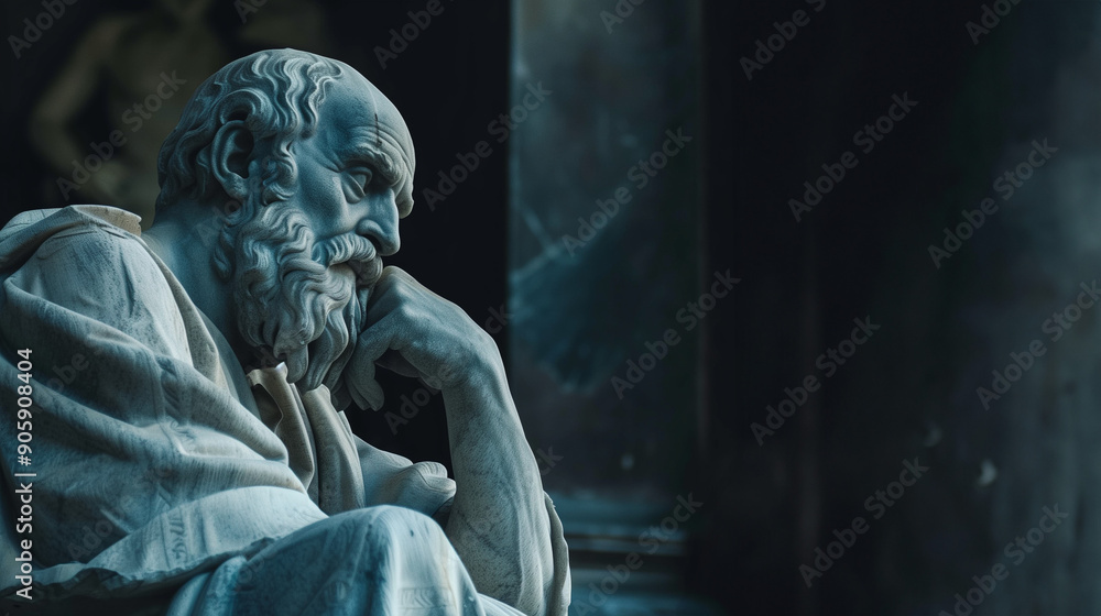 statue of a thinker in profile, bald and bearded, with head resting on ...