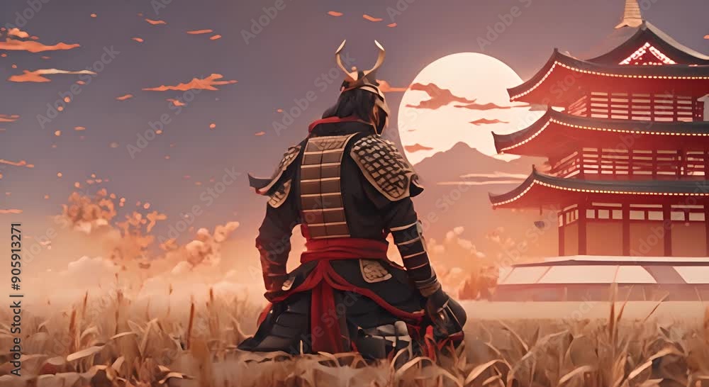 Samurai warrior wearing full plate armor Kneel on battlefield ground ...