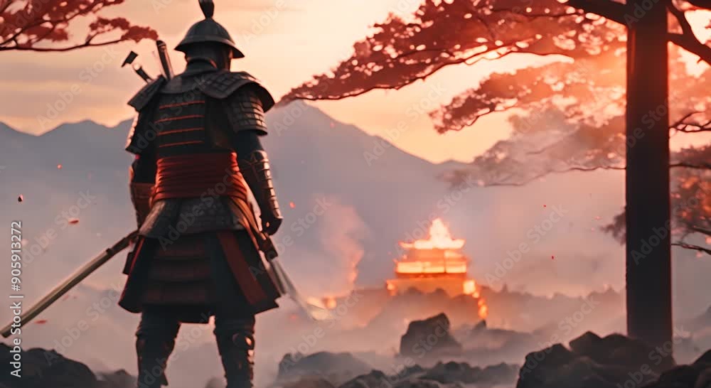 Vidéo Stock Samurai warrior wearing full plate armor Kneel on ...