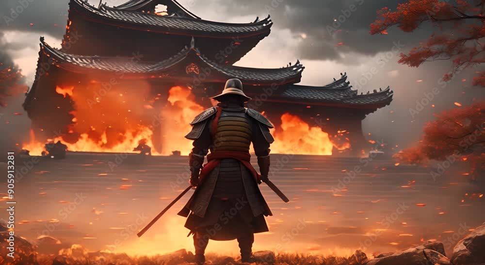 Samurai warrior wearing full plate armor Kneel on battlefield ground ...