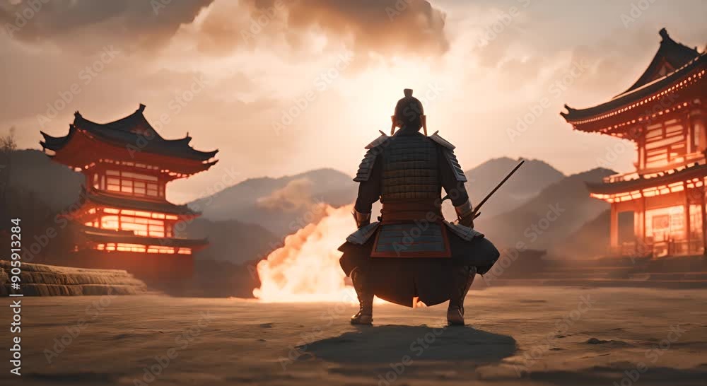 Samurai warrior wearing full plate armor Kneel on battlefield ground ...