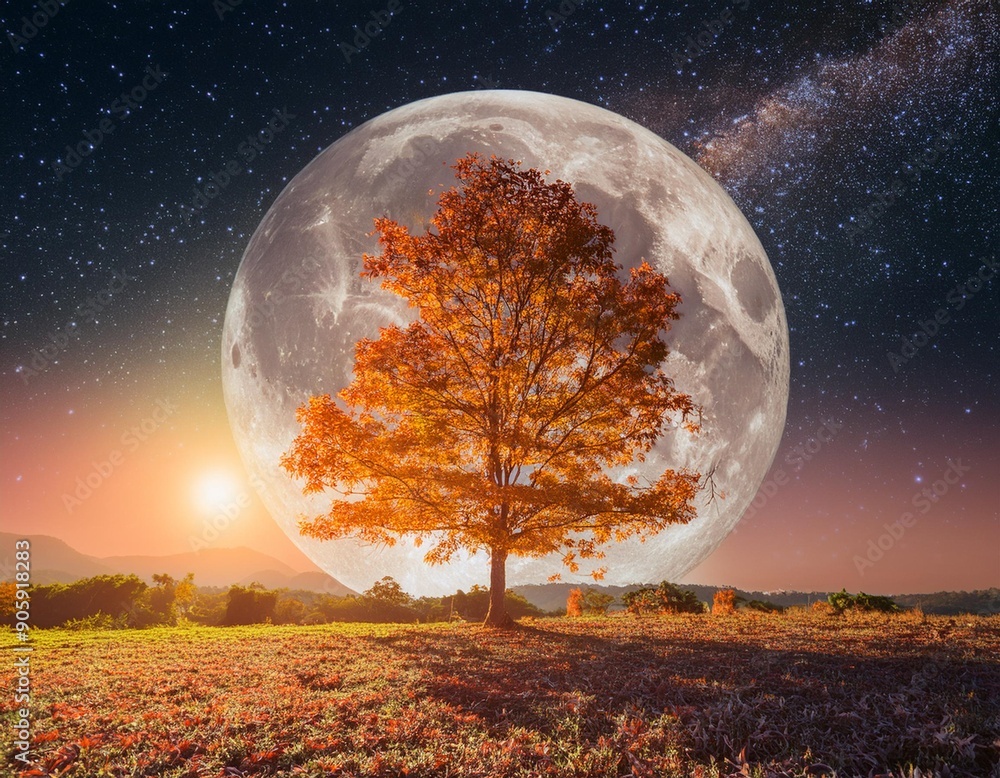 Beautiful autumn fantasy - maple tree in fall season and full moon with ...