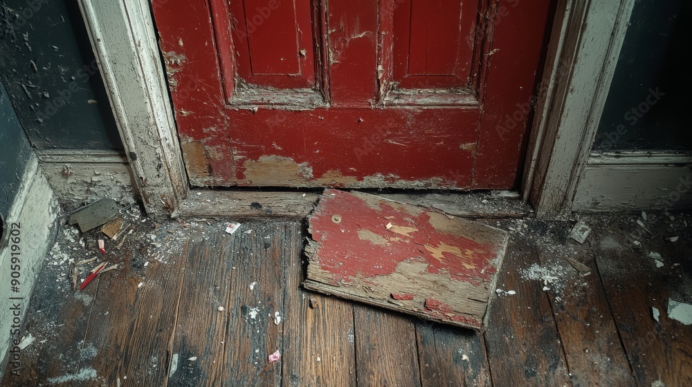 Crime scene photo capturing a door kicked in and blown off its hinges ...