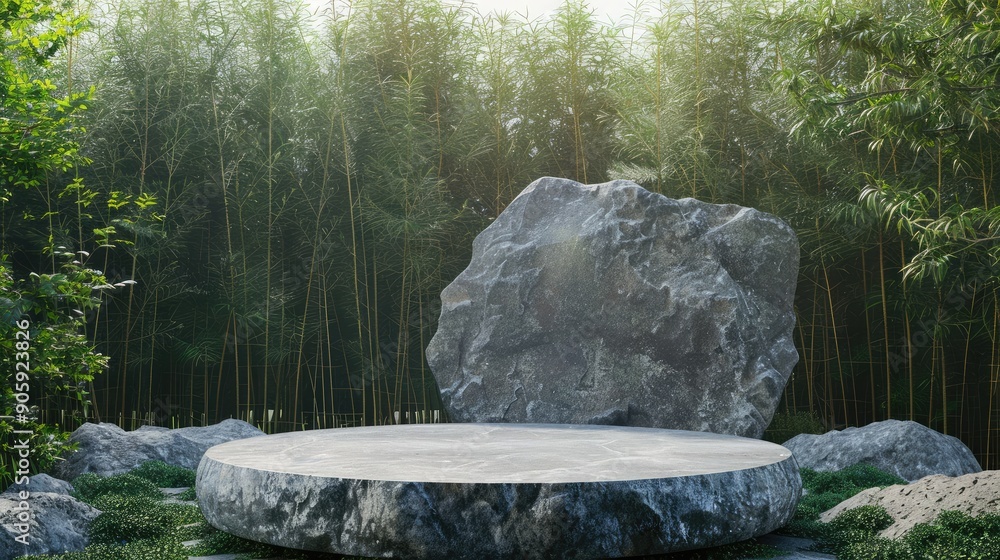 Stone pedestal, forest background, flat 3D pedestal product. Round ...