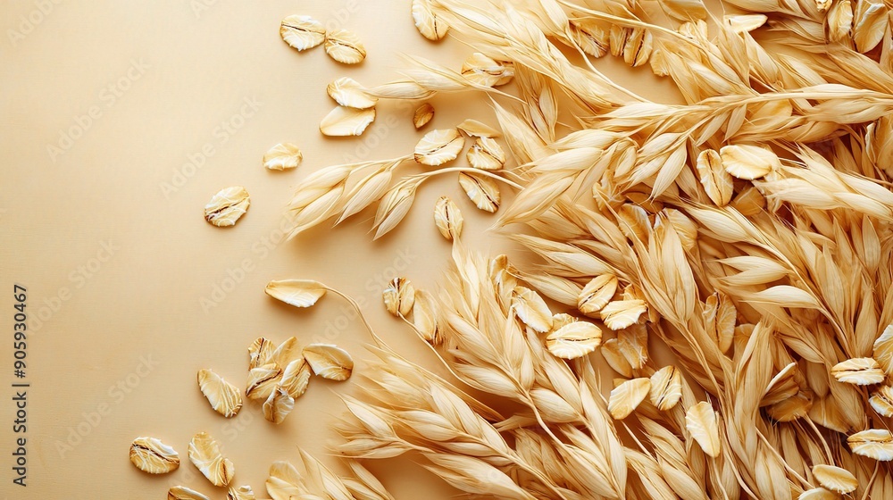 Golden Oats: A rustic and elegant flat lay of oat stalks and oat grains ...