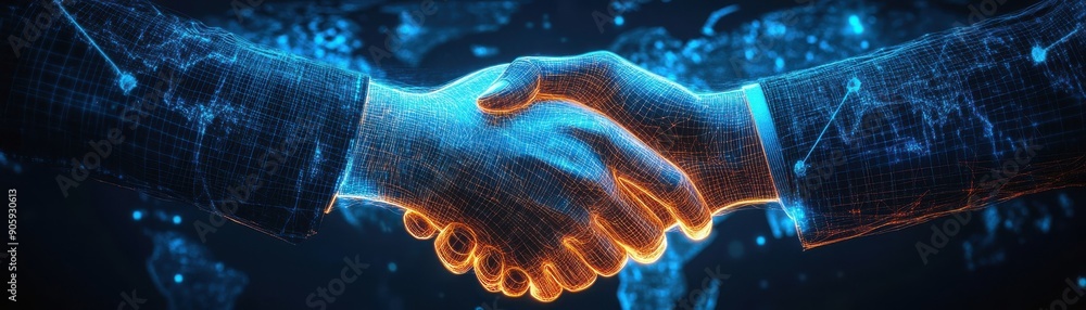 Global partnerships concept with a handshake and world map backdrop ...