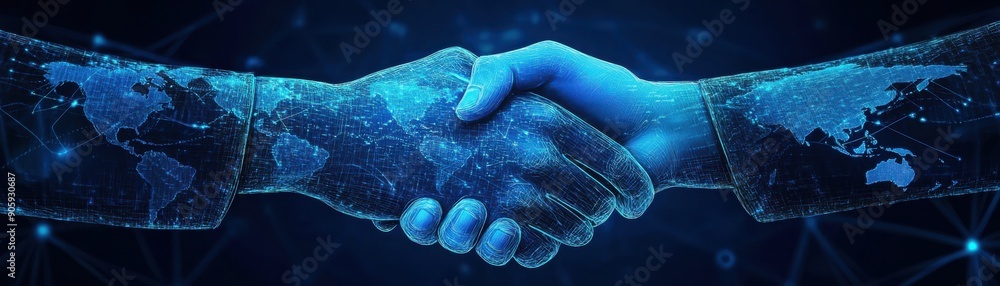 Global partnerships concept with a handshake and world map backdrop ...