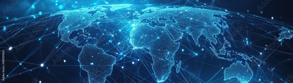 Technological globalization theme with a world map and interconnecting ...