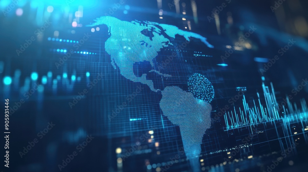 Futuristic visualization of world economy forecast, pie charts with ...