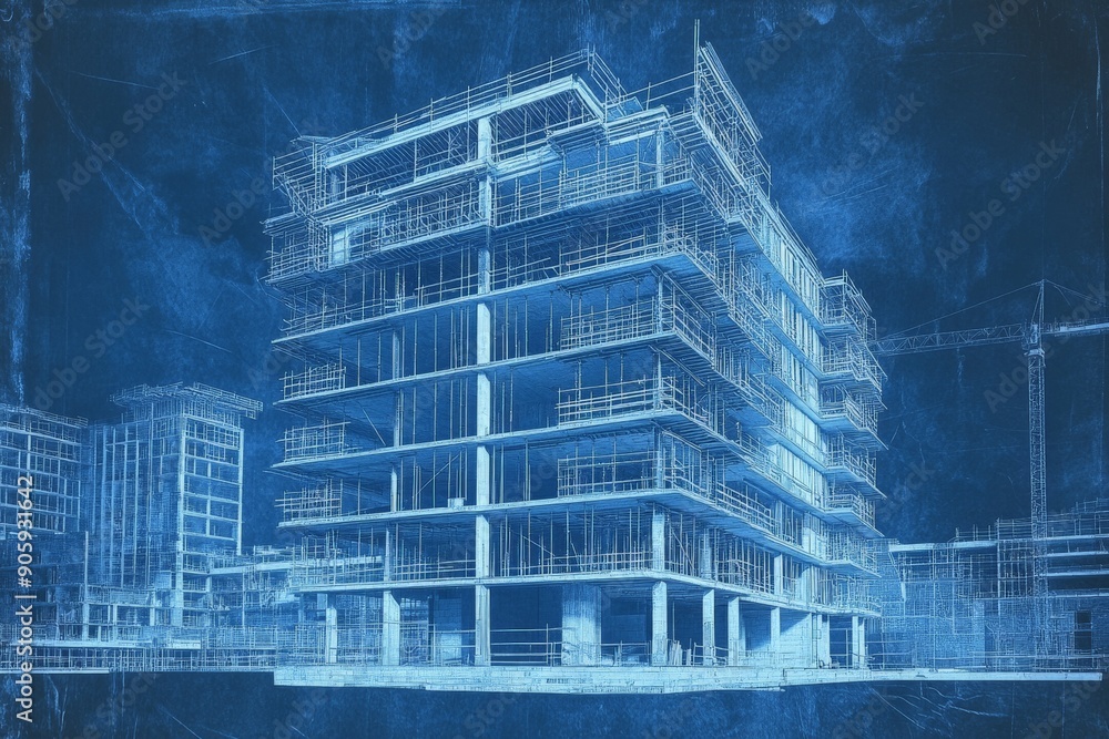 Detailed blueprint construction plan of a multi-story building, with ...