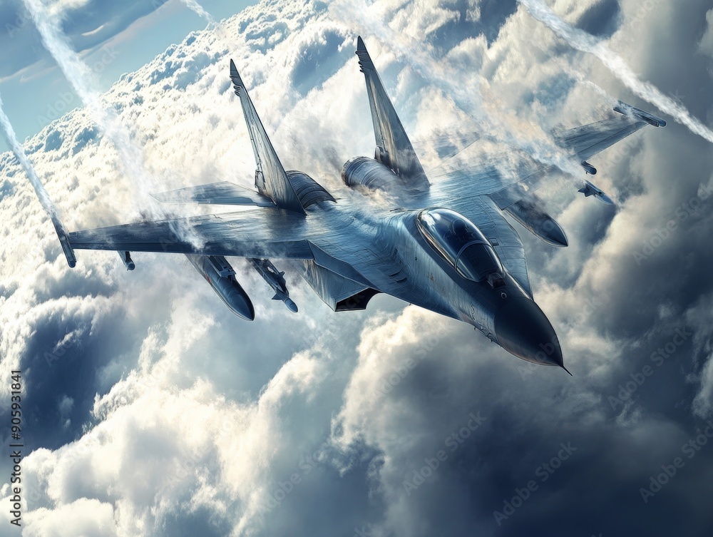 Fighter jet performing an aerial maneuver with vapor trails against a ...