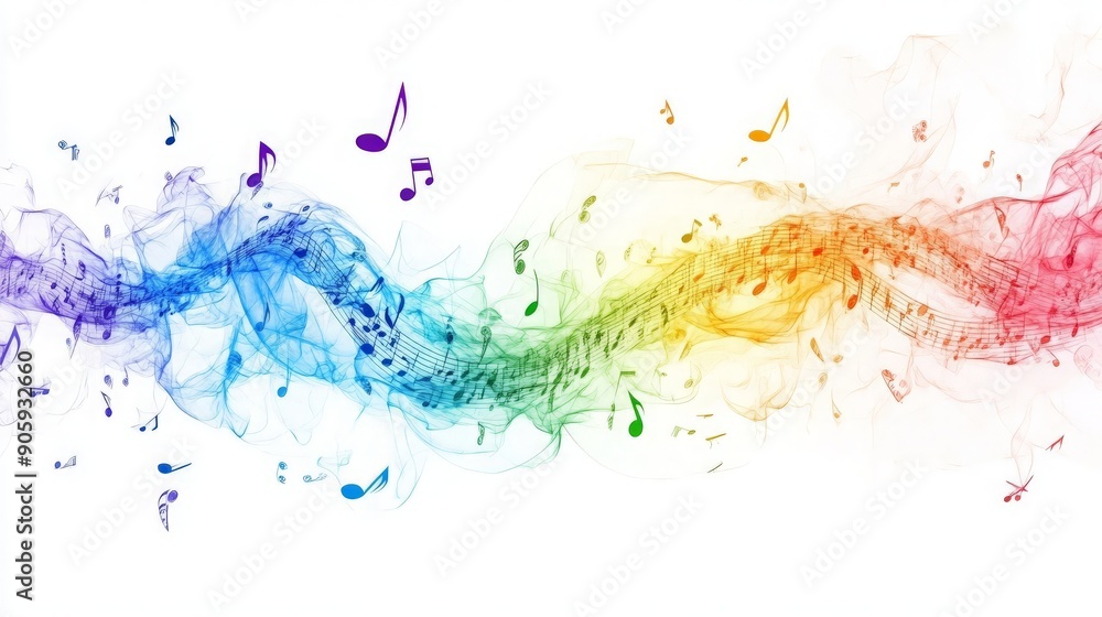 Music notes swirling in a rainbow of colors across a white background ...