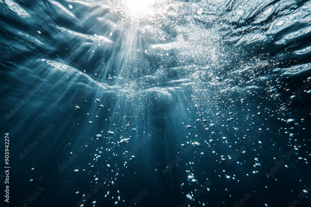 Underwater view of the surface with bubbles and splashes, creating an ...