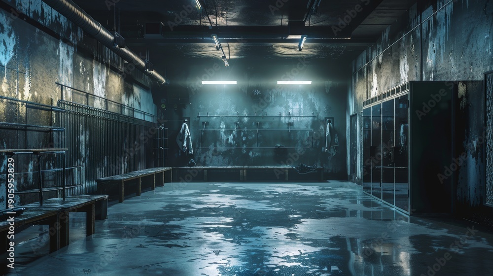 An abandoned locker room with a grunge aesthetic, featuring dirty walls ...