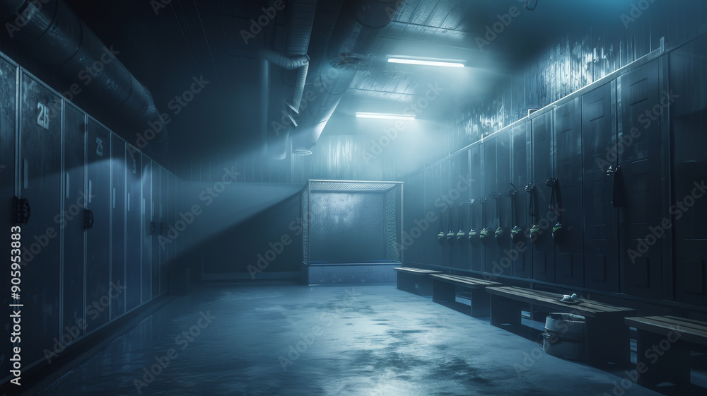 Dark and Moody Locker Room with Light Beam - This image depicts a dimly ...