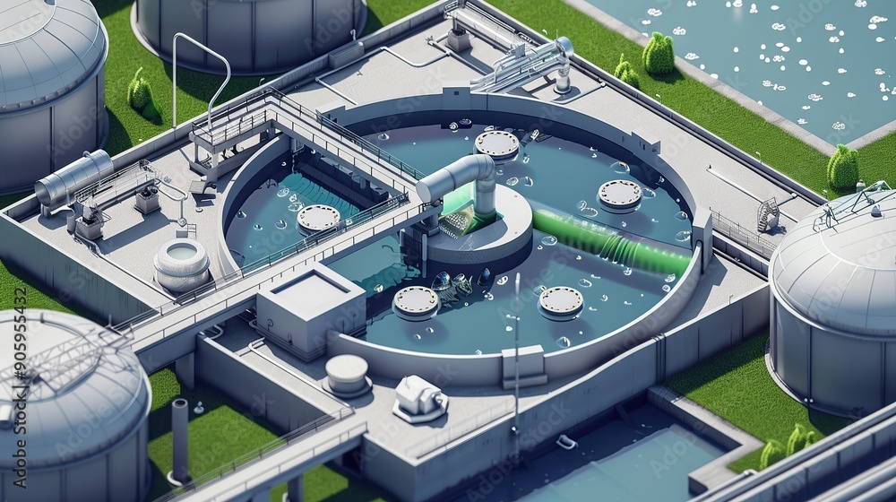 Isometric modern water cleaning facility at an urban wastewater ...