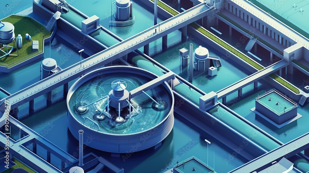 Isometric modern water cleaning facility at an urban wastewater ...