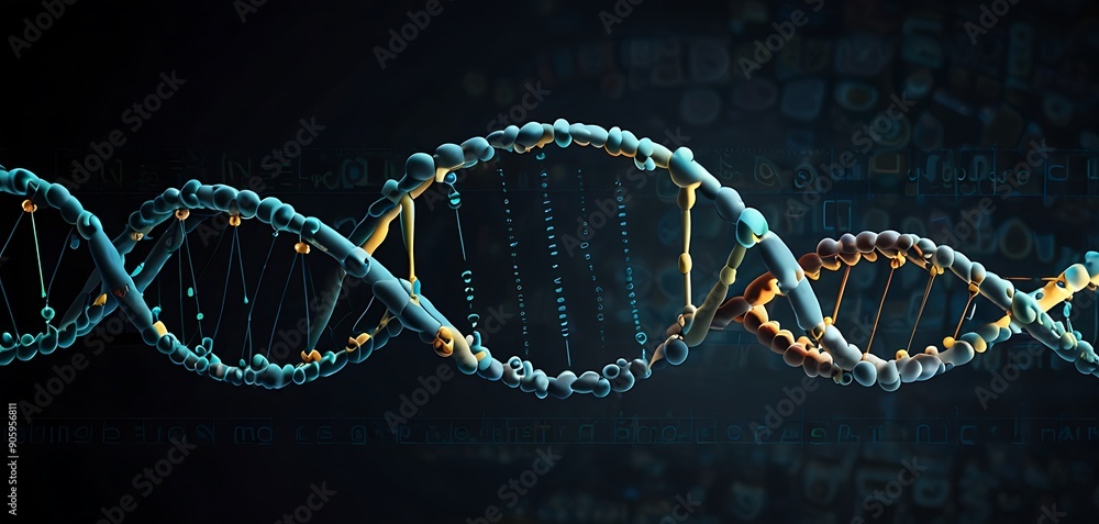 A classic DNA helix with floating genetic codes and scientific diagrams ...
