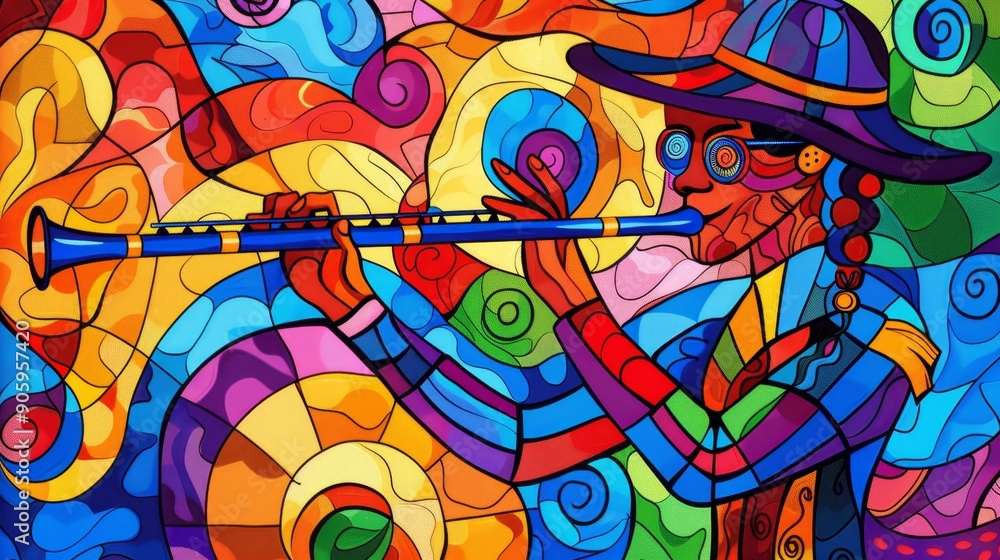 This vibrant artwork depicts a jazz musician playing a clarinet, their ...