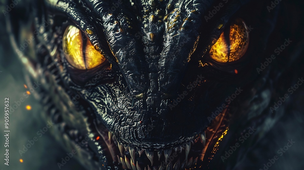 Dangerous alien with yellow eyes and sharp teeth in a threatening ...