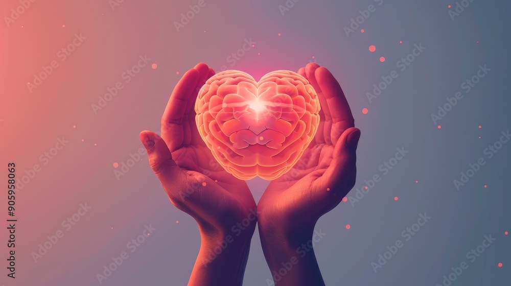 Two hands cupped together, gently holding a glowing brain shaped like a ...