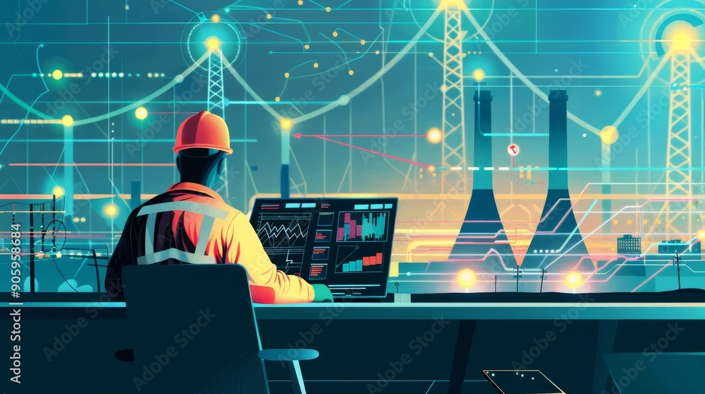 A power plant engineer sits at his station monitoring a digital grid ...