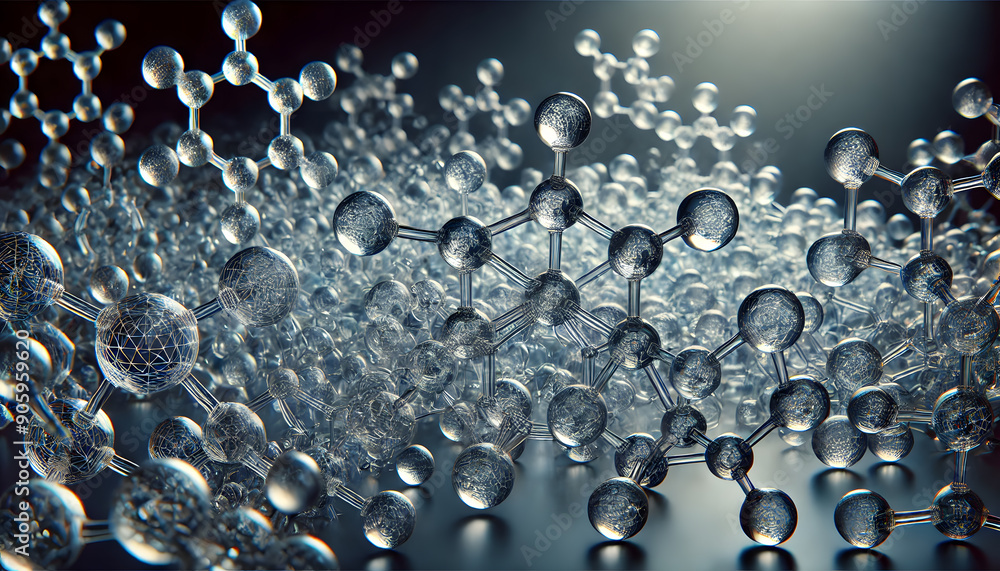 A 3D rendering of transparent molecules displayed at various angles ...
