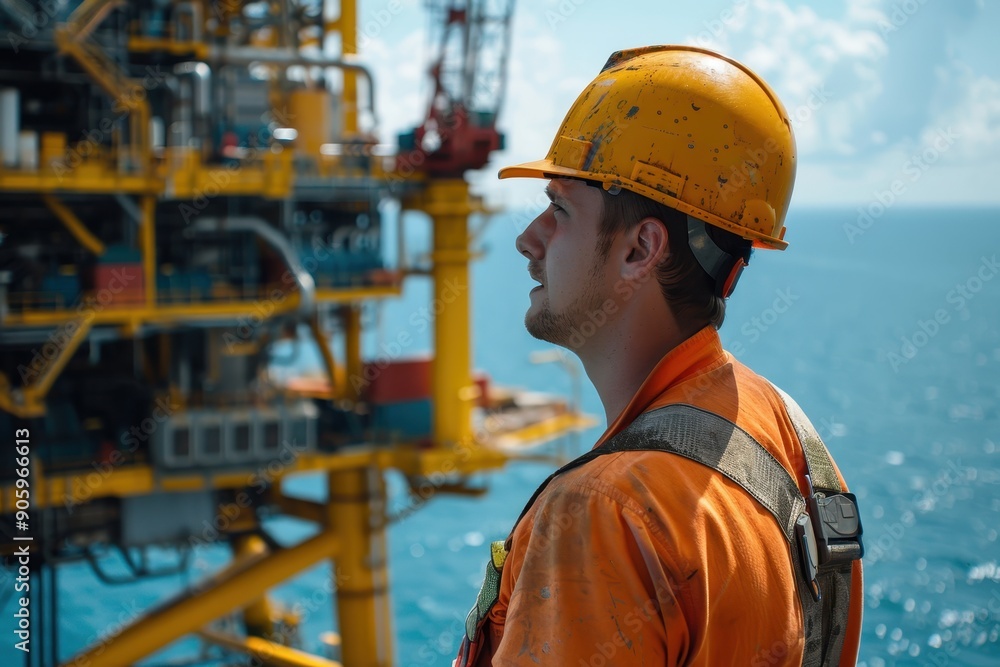 A construction worker wearing an oil and gas hard hat stands in front ...